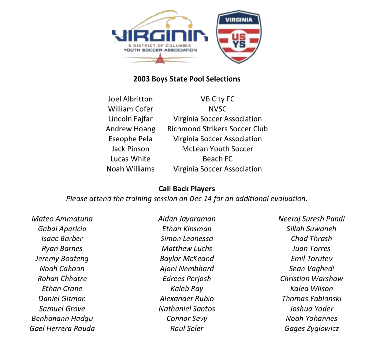 Virginia ODP 2020 Boys Rosters: 2003 Age Group - SoccerWire